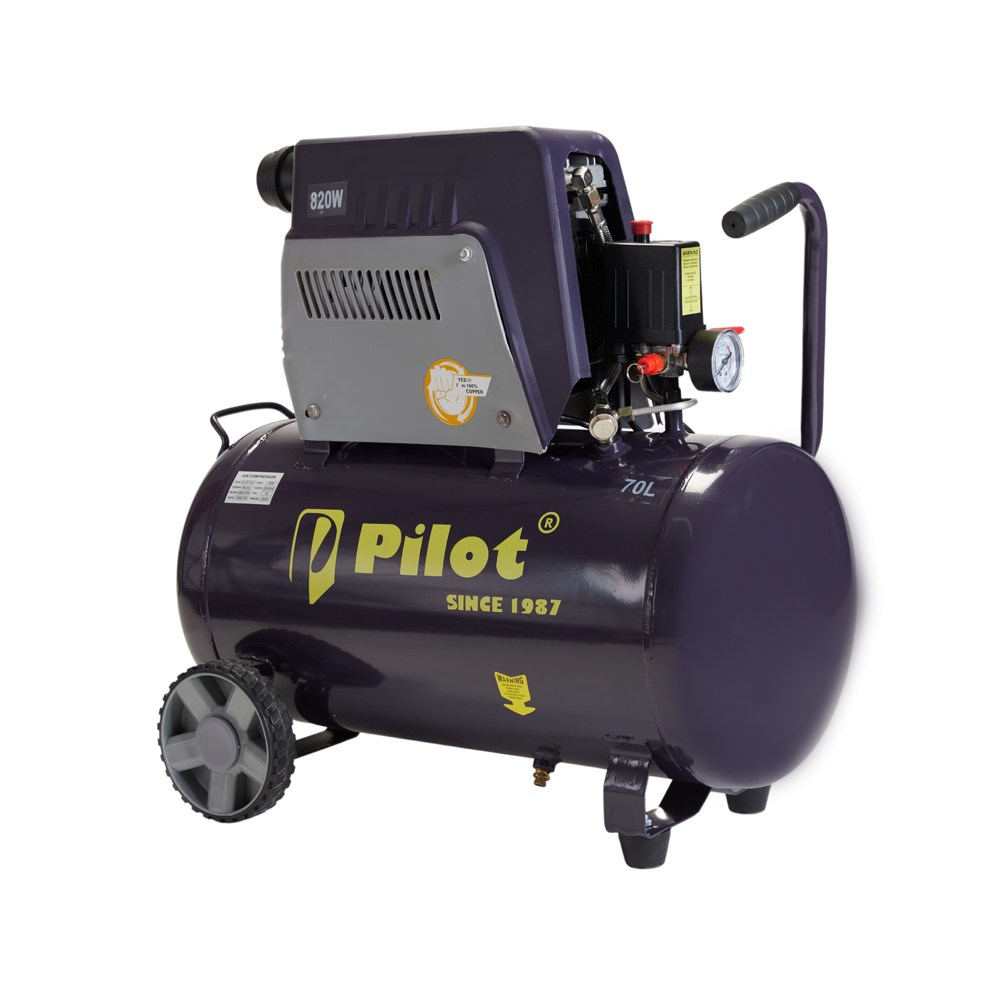 Oil-Free Silent Air Compressor 70L 820W Copper — Pilot Tools