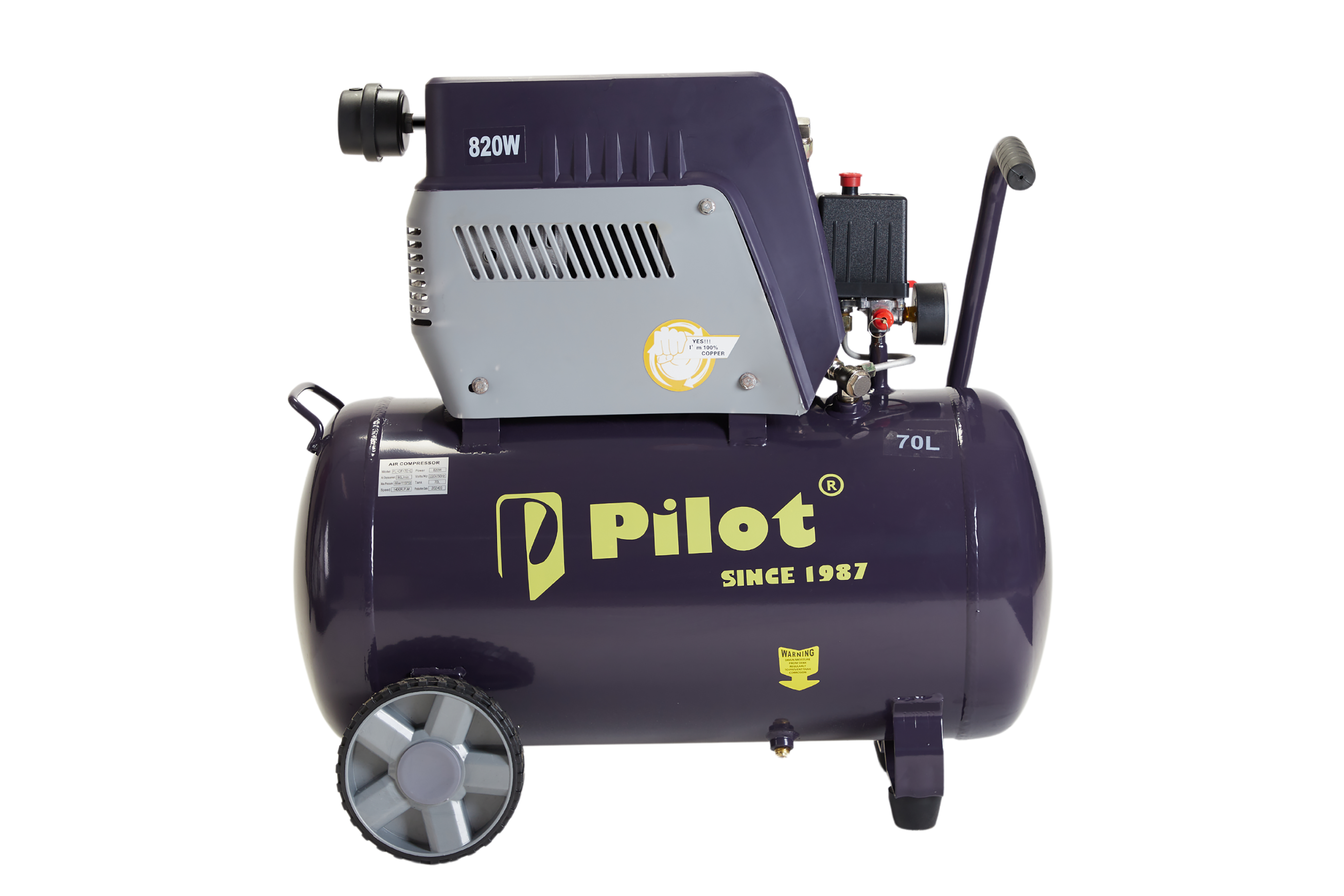 Oil-Free Silent Air Compressor 70L 820W Copper — Pilot Tools